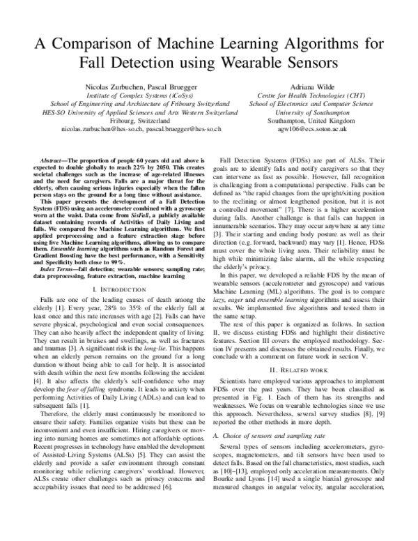 Pdf A Comparison Of Machine Learning Algorithms For Fall Detection Using Wearable Sensors