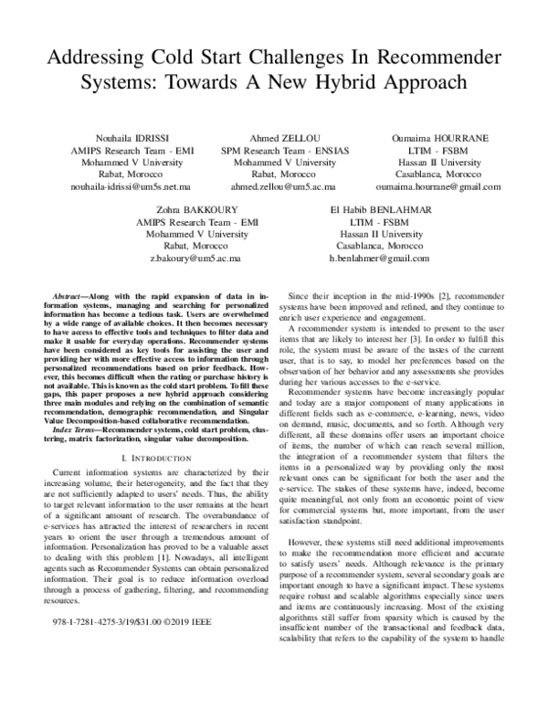 (PDF) Addressing Cold Start Challenges In Recommender Systems: Towards A New Hybrid Approach