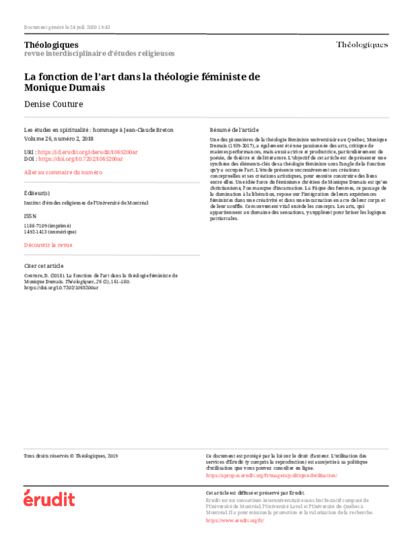 (PDF) La fonction de l’art dans la théologie féministe de Monique Dumais