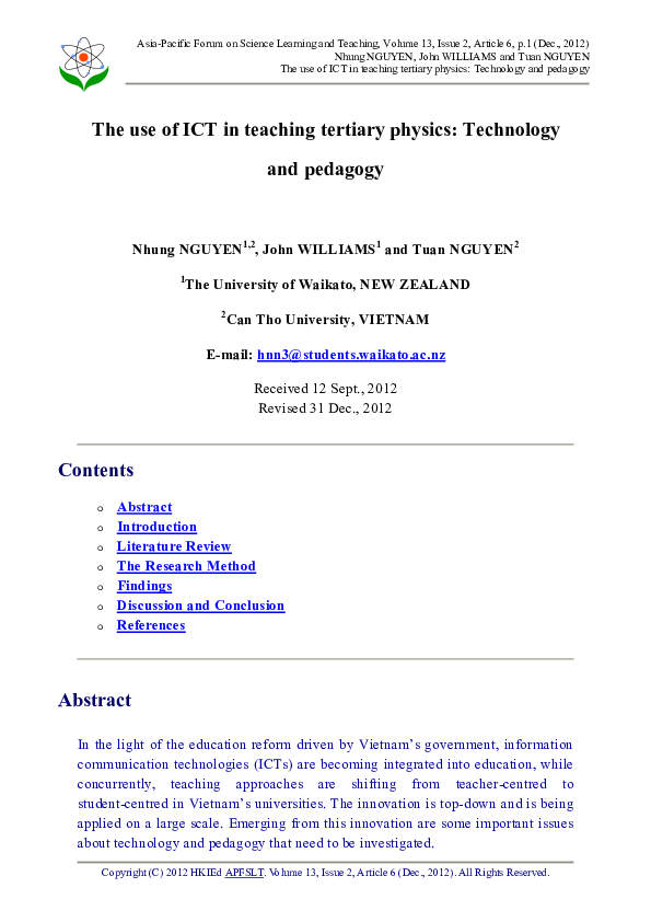 (PDF) The use of ICT in teaching tertiary physics: Technology and pedagogy