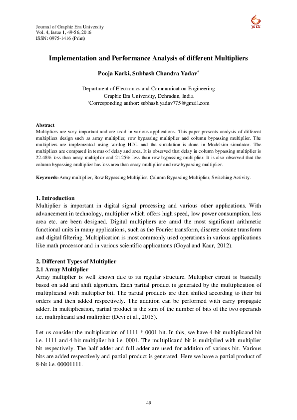 (PDF) Implementation and performance analysis of different multipliers