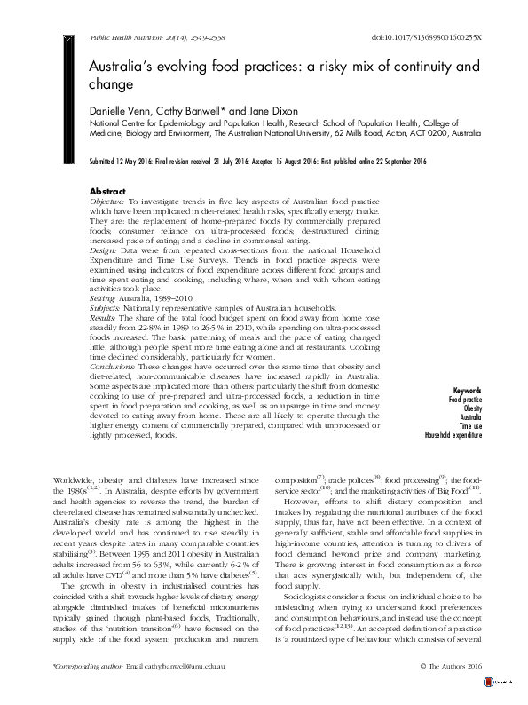 (PDF) Australia's evolving food practices: a risky mix of continuity ...