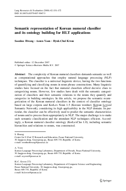 (PDF) Semantic representation of Korean numeral classifier and its ontology building for HLT ...
