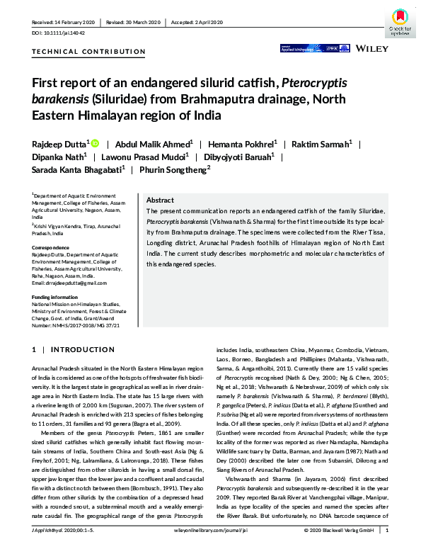 (PDF) First report of an endangered silurid catfish, Pterocryptis ...