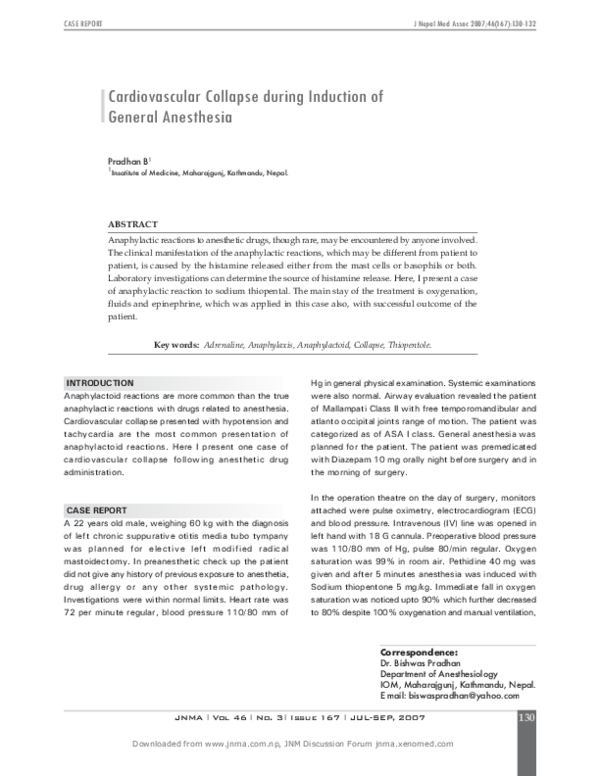 (PDF) Cardiovascular Collapse during Induction of General Anesthesia