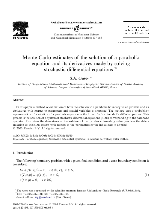Pdf Monte Carlo Estimates Of The Solution Of A Parabolic Equation And Its Derivatives Made By