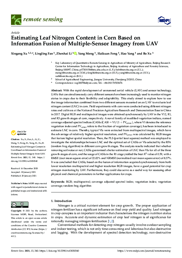 (PDF) Estimating Leaf Nitrogen Content in Corn Based on Information Fusion of Multiple-Sensor ...