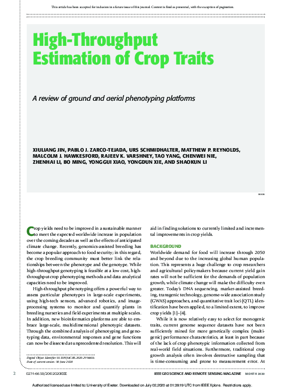 Pdf High Throughput Estimation Of Crop Traits A Review Of Ground And Aerial Phenotyping Platforms