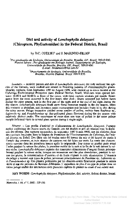 (PDF) Diet and activity of Lonchophylla dekeyseri (Chiroptera ...