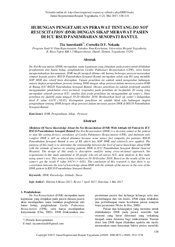 (PDF) Hubungan Pengetahuan Perawat Tentang Do Not Resuscitation (DNR) Dengan Sikap Merawat ...