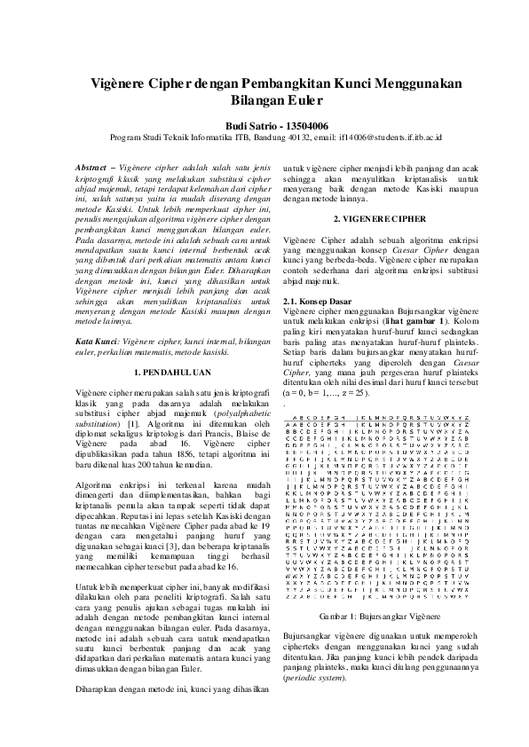 (PDF) Vigènere Cipher dengan Pembangkitan Kunci Menggunakan Bilangan Euler