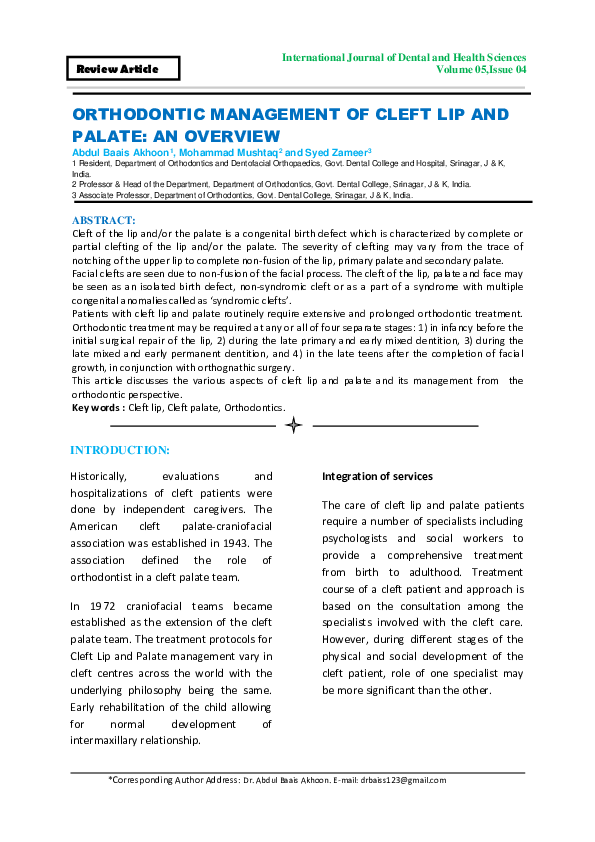(PDF) ORTHODONTIC MANAGEMENT OF CLEFT LIP AND PALATE: AN OVERVIEW | Abdul Baais - Academia.edu