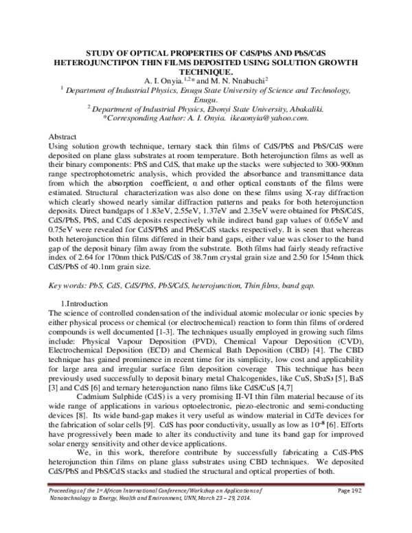 (PDF) STUDY OF OPTICAL PROPERTIES OF CdS/PbS AND PbS/CdS HETEROJUNCTION ...