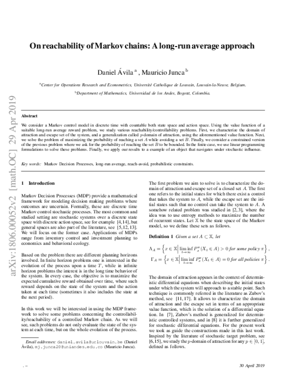 (PDF) On reachability of Markov chains: A Markov Decision Process approach