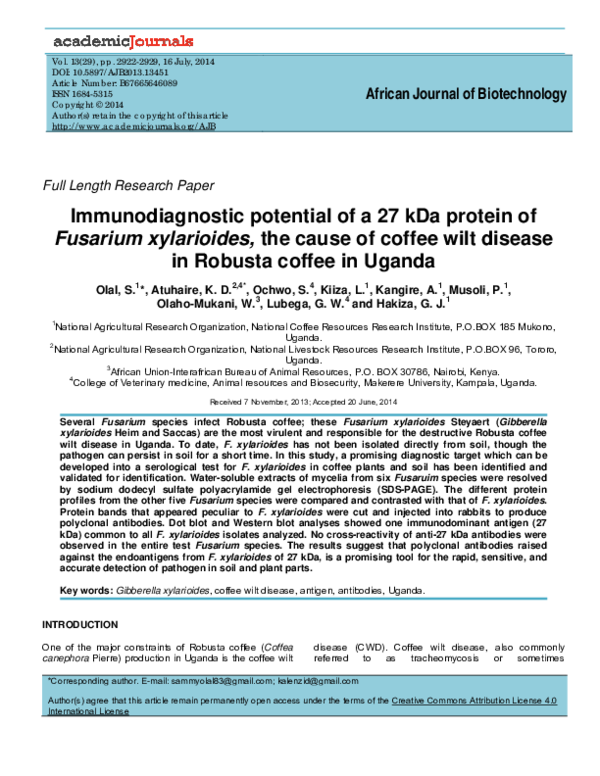 (PDF) Immunodiagnostic potential of a 27 kDa protein of Fusarium ...