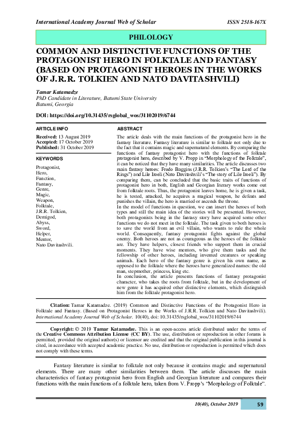 (PDF) Common and Distinctive Functions of the Protagonist Hero in ...