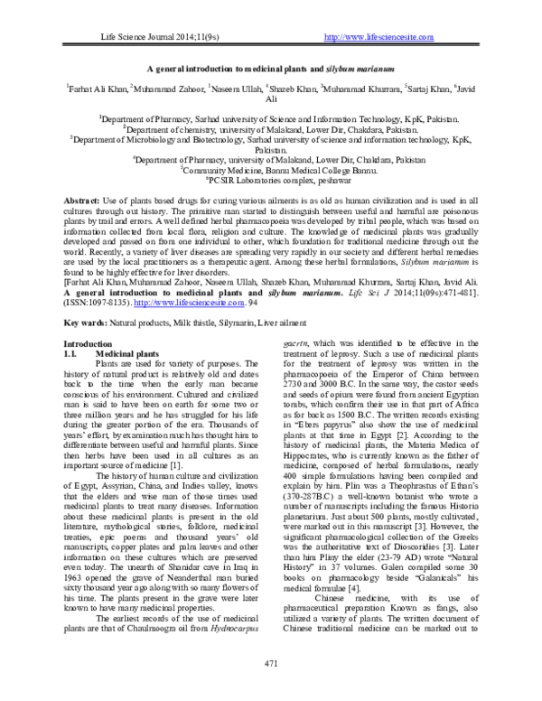(PDF) A general introduction to medicinal plants and silybum marianum A ...