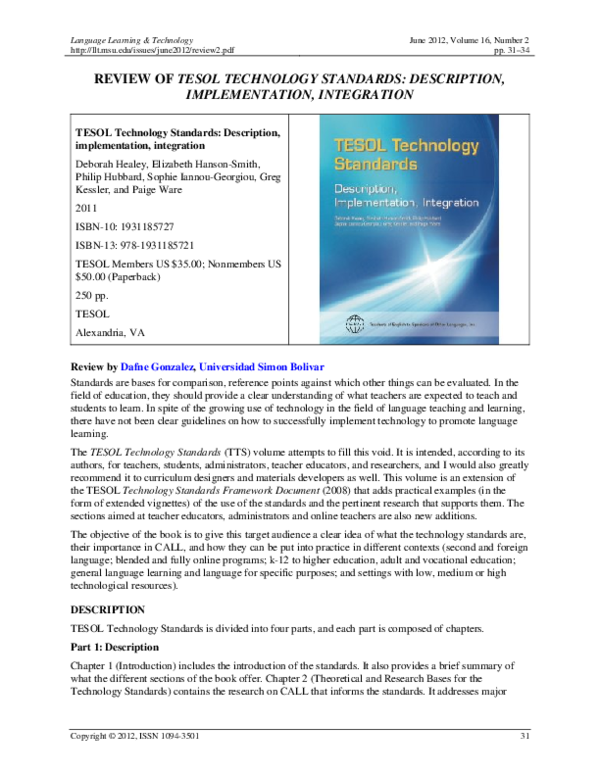 (PDF) REVIEW OF TESOL TECHNOLOGY STANDARDS: DESCRIPTION, IMPLEMENTATION ...