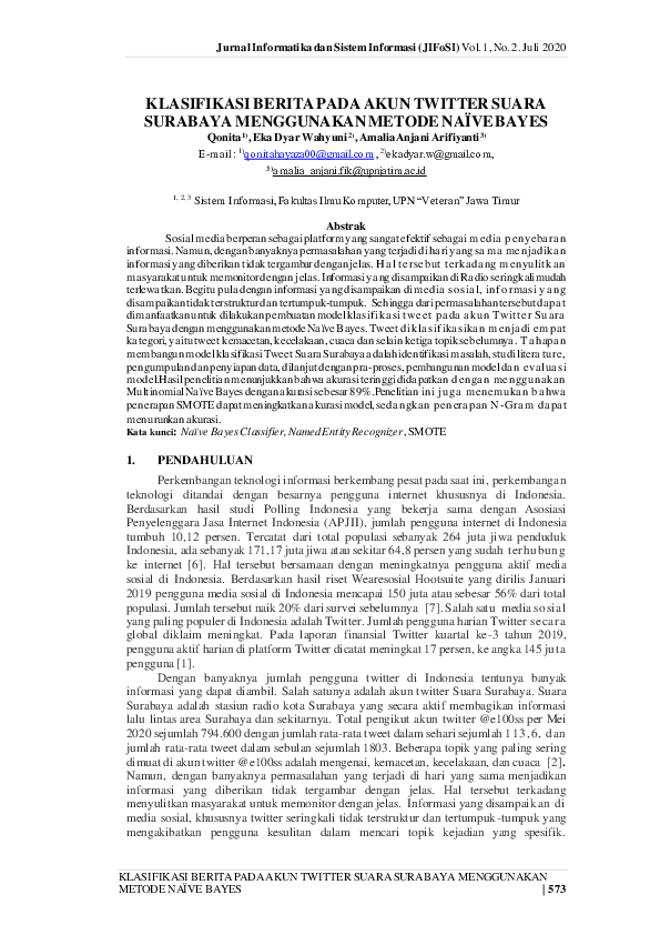 (PDF) Klasifikasi Berita Pada Akun Twitter Suara Surabaya Menggunakan Metode Naïve Bayes