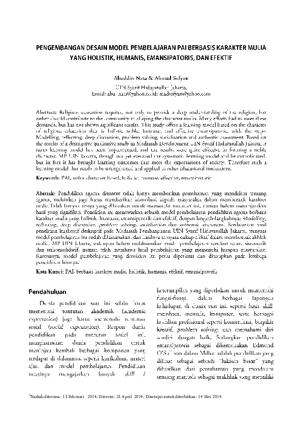 (PDF) Pengembangan Desain Model Pembelajaran Pai Berbasis Karakter Mulia Yang Holistik, Humanis ...
