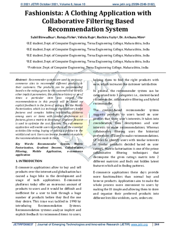 Fashionista: A Clothing Application with Collaborative Filtering Based ...