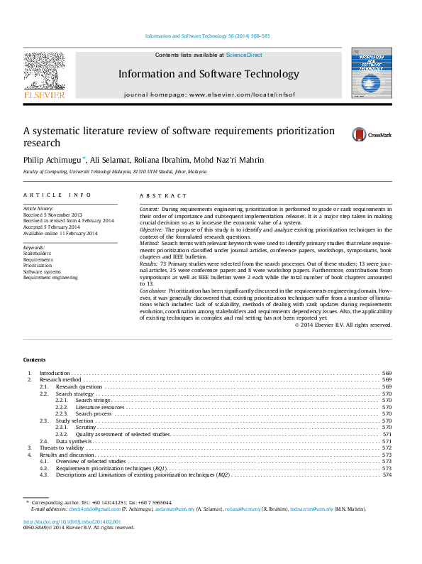 (PDF) A systematic literature review of software requirements prioritization research | Mohd Naz ...