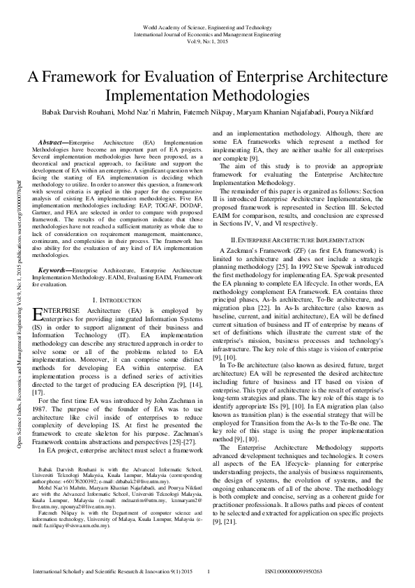 (PDF) A Framework For Evaluation Of Enterprise Architecture Implementation Methodologies