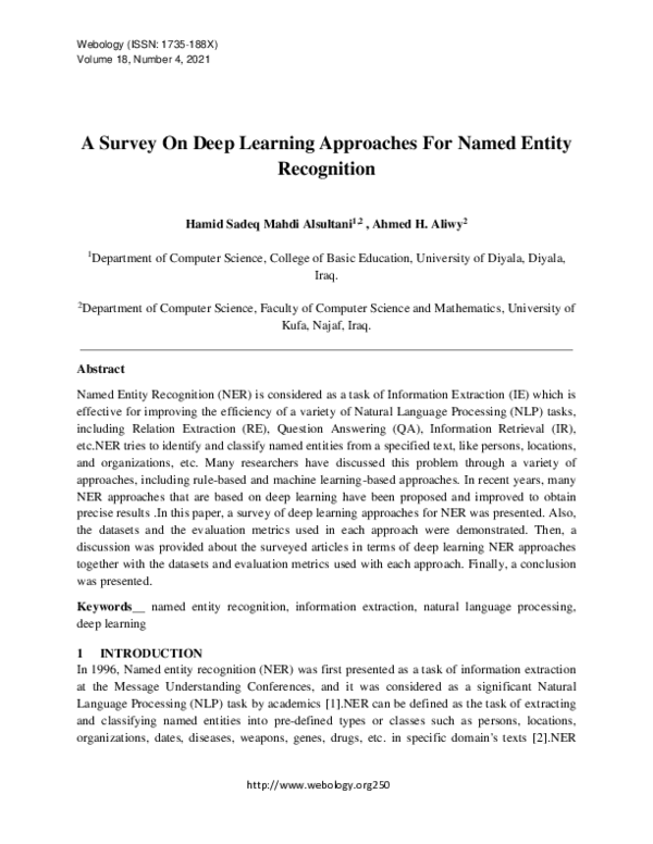 (PDF) A Survey On Deep Learning Approaches For Named Entity Recognition