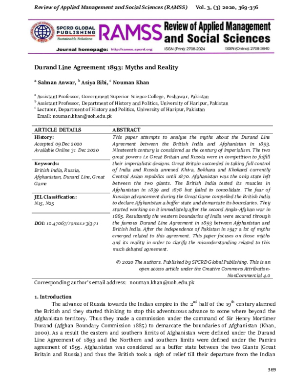 (PDF) Durand Line Agreement 1893: Myths and Reality | salman anwar ...