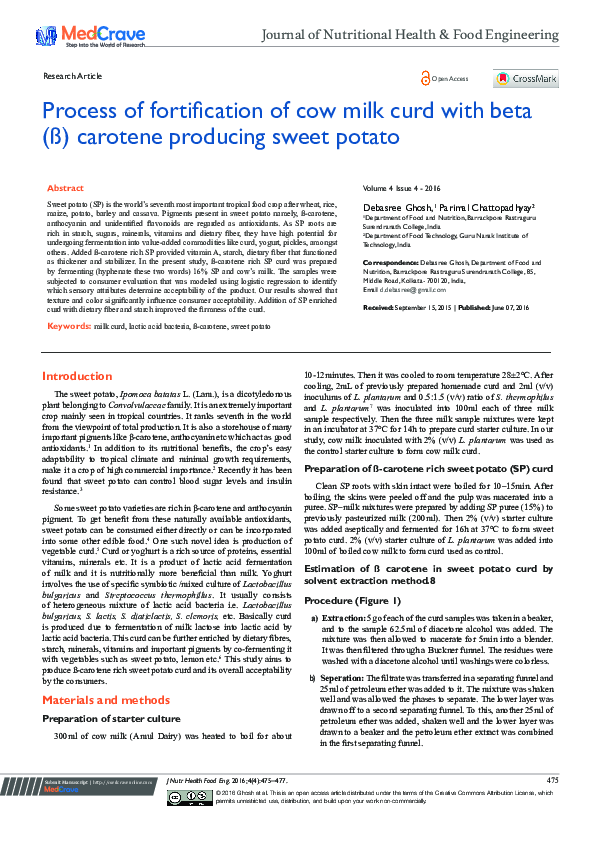 (PDF) Process of Fortification of Cow Milk Curd with Beta (ß) Carotene ...