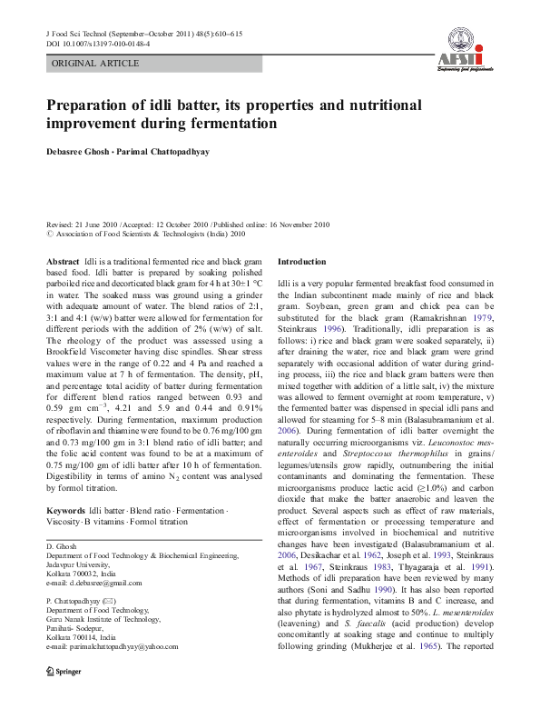 Pdf Preparation Of Idli Batter Its Properties And Nutritional Improvement During Fermentation