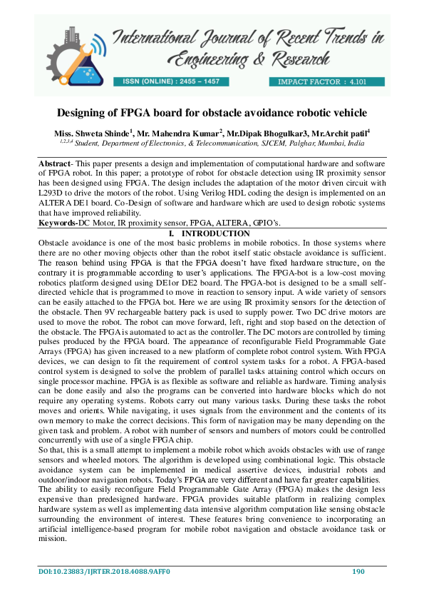 Pdf Designing Of Fpga Board For Obstacle Avoidance Robotic Vehicle