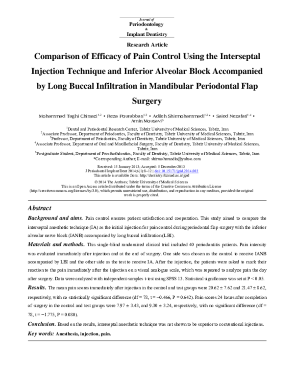 (PDF) Comparison of Efficacy of Pain Control Using the Interseptal ...