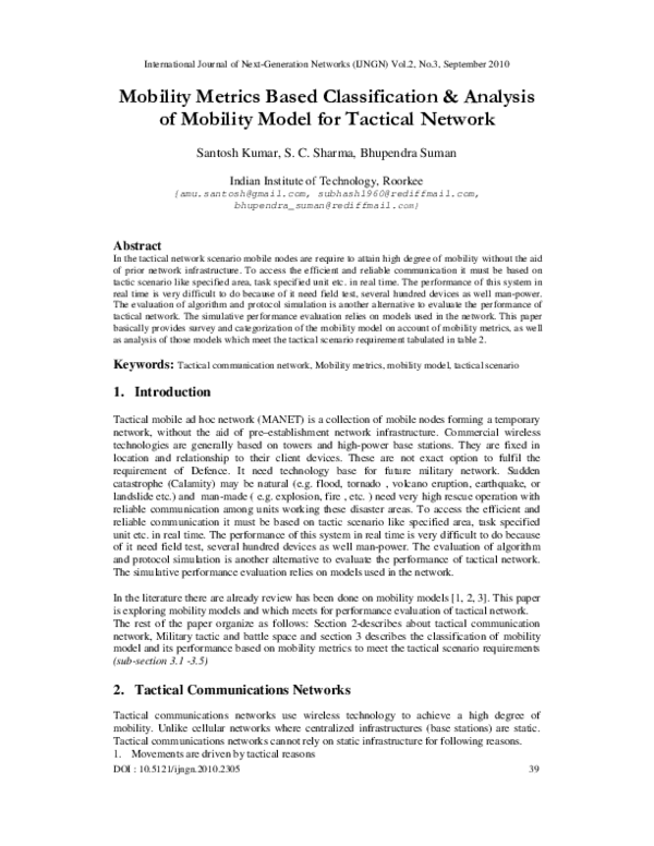 (PDF) Mobility Metrics Based Classification & Analysis of Mobility Model for Tactical Network