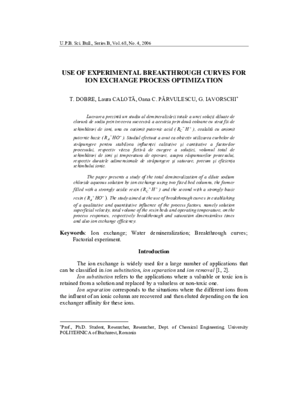 (PDF) Use of Experimental Breakthrough Curves for Ion Exchange Process ...
