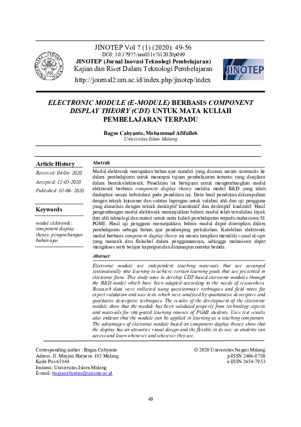 (PDF) Electronic Module (E-Module) Berbasis Component Display Theory (CDT) Untuk Matakuliah ...