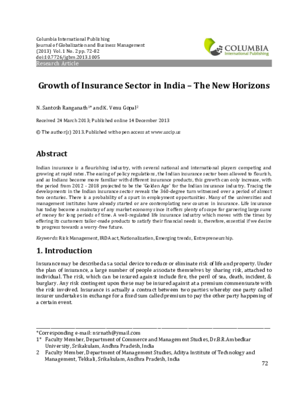 (PDF) Growth of Insurance Sector in India – The New Horizons