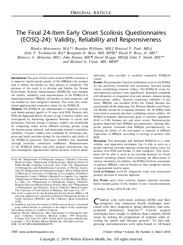 (PDF) The Final 24-Item Early Onset Scoliosis Questionnaires (EOSQ-24): Validity, Reliability ...