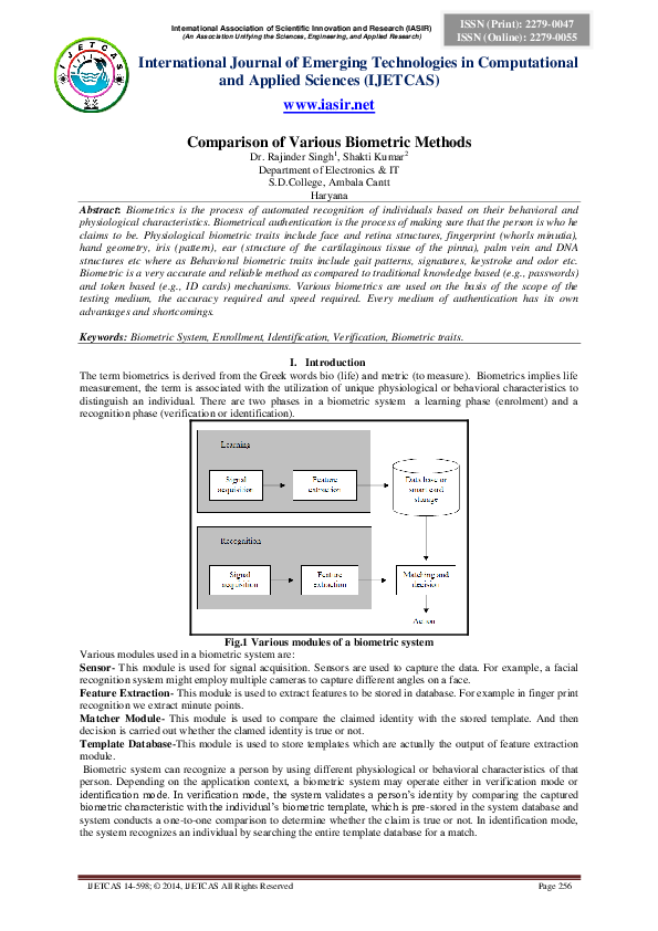 Pdf Comparison Of Various Biometric Methods Rupinder Saini
