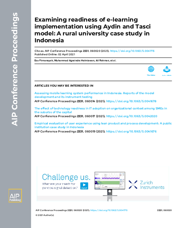 Pdf Examining Readiness Of E Learning Implementation Using Aydin And Tasci Model A Rural