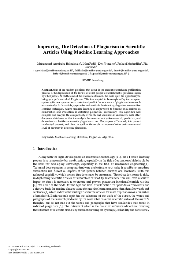 (PDF) Improving The Detection of Plagiarism in Scientific Articles Using Machine Learning Approaches