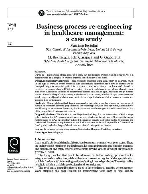 (PDF) Business process re‐engineering in healthcare management: a case study
