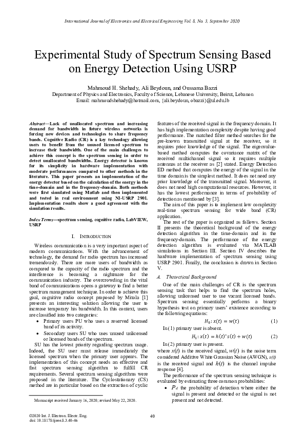 (PDF) Experimental Study of Spectrum Sensing Based on Energy Detection Using USRP