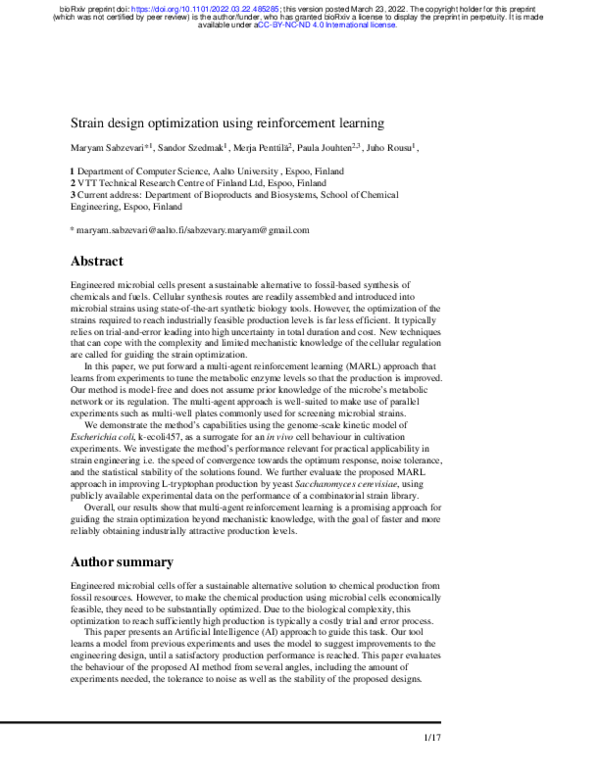Pdf Strain Design Optimization Using Reinforcement Learning
