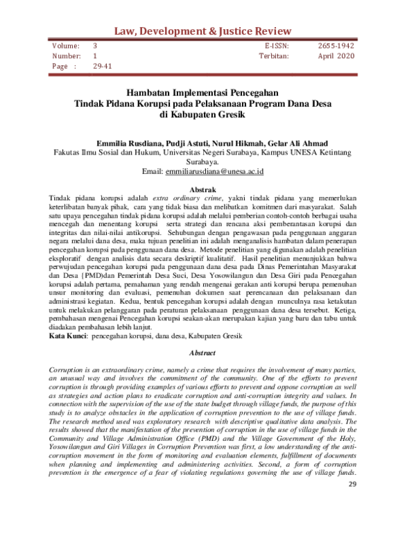 (PDF) Hambatan Implementasi Pencegahan Tindak Pidana Korupsi pada Pelaksanaan Program Dana Desa ...