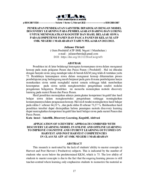 Pdf Penerapan Pendekatan Saintifik Dipadukan Dengan Model Discovery