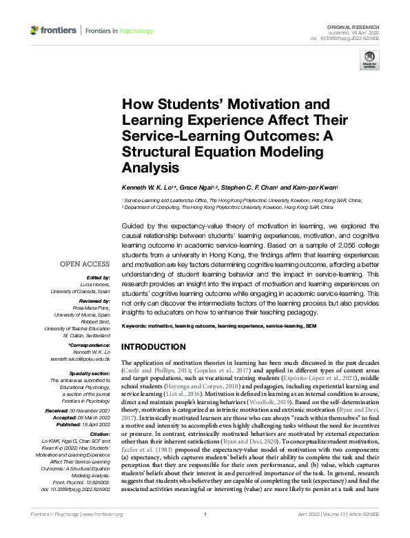 (PDF) How Students’ Motivation and Learning Experience Affect Their Service-Learning Outcomes: A ...