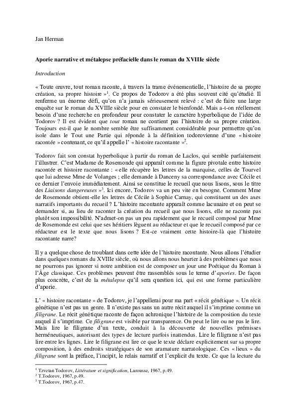 (PDF) Aporie narrative et métalepse préfacielle dans le roman du XVIIIe ...