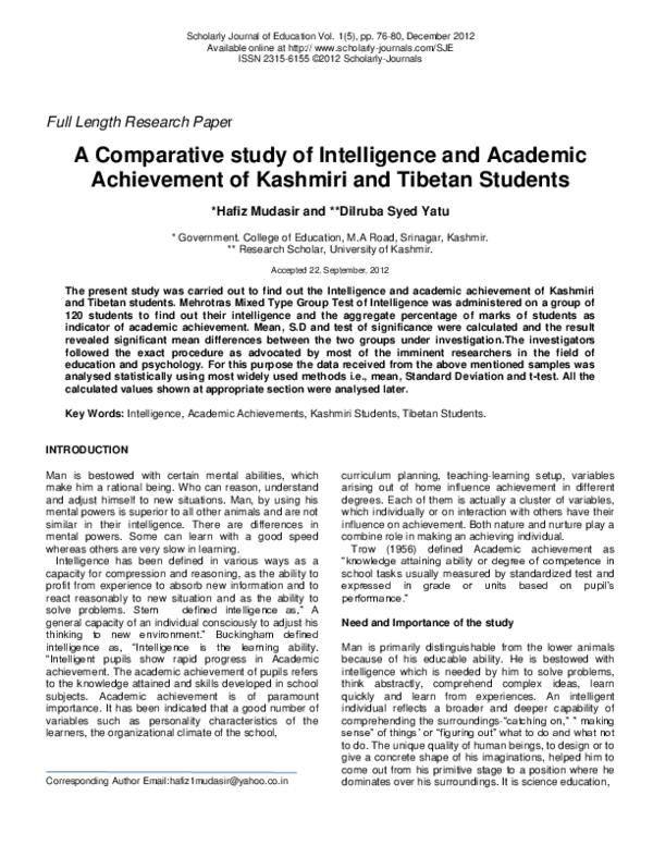 (PDF) A Comparative study of Intelligence and Academic Achievement of ...
