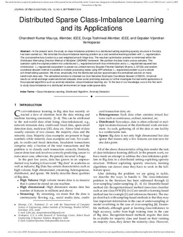 (PDF) Distributed Sparse Class-Imbalance Learning and Its Applications